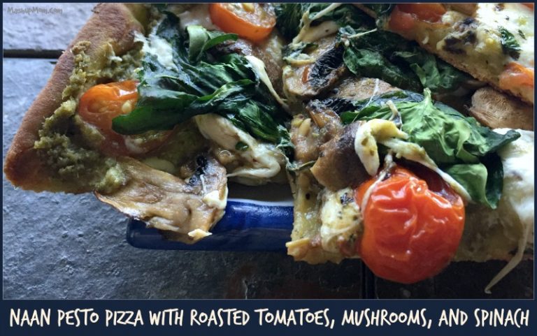 Naan Pesto Pizza with Roasted Tomatoes, Mushrooms, and Spinach